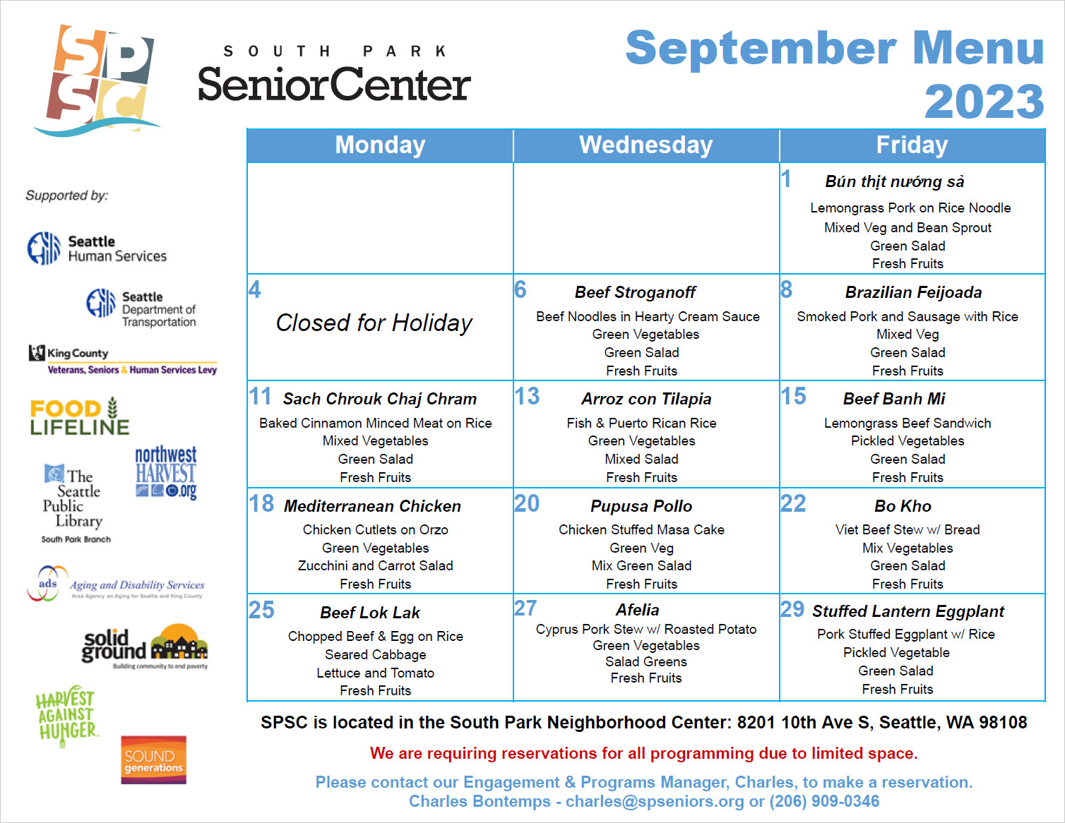 Dinner Menu - South Park Senior Center