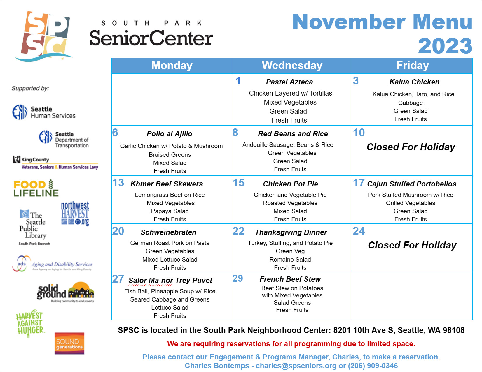 Dinner Menu - South Park Senior Center