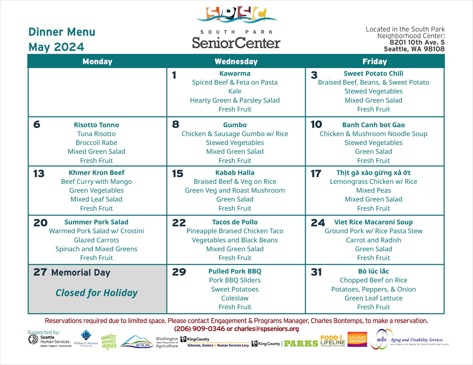 Dinner Menu - South Park Senior Center